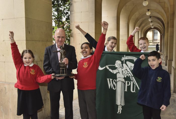Andrew Simcock, Fatima Shahid & pupils from Newall Green Primary School ...